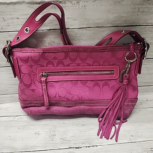 Coach | Bags | Vintg Coach Signature Pink Canvassuede Bottom Leather ...